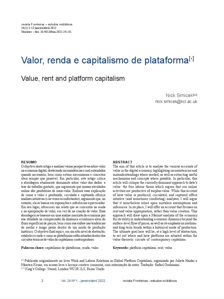Nick Srnicek - Valor, Renda e Capitalismo de Plataforma | PDF | Economia | Monopólio