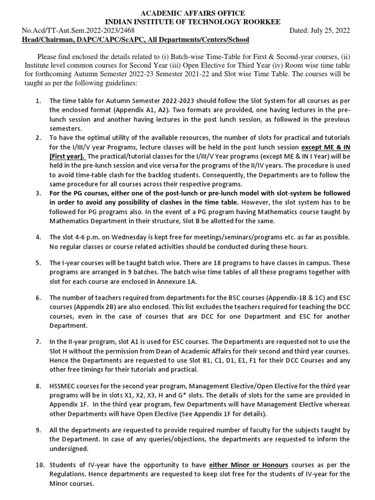 Notification Slot Wise Time Table For Autumn Semester 2022-23 | PDF