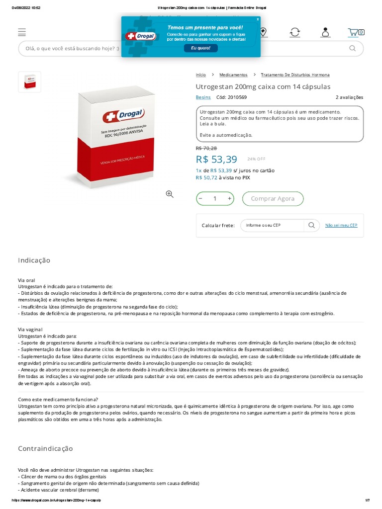 Utrogestan 200mg Caixa Com 14 Cápsulas - Farmácia Online Drogal | PDF