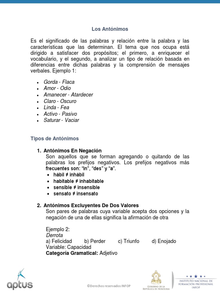Tipos de Antónimos y Ejemplos | PDF | Gramática | Lingüística