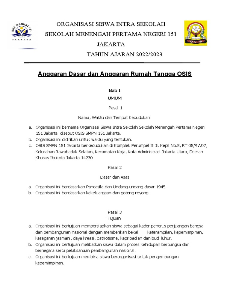 Anggaran Dasar Dan Anggaran Rumah Tangga SMPN 151 Jakarta | PDF