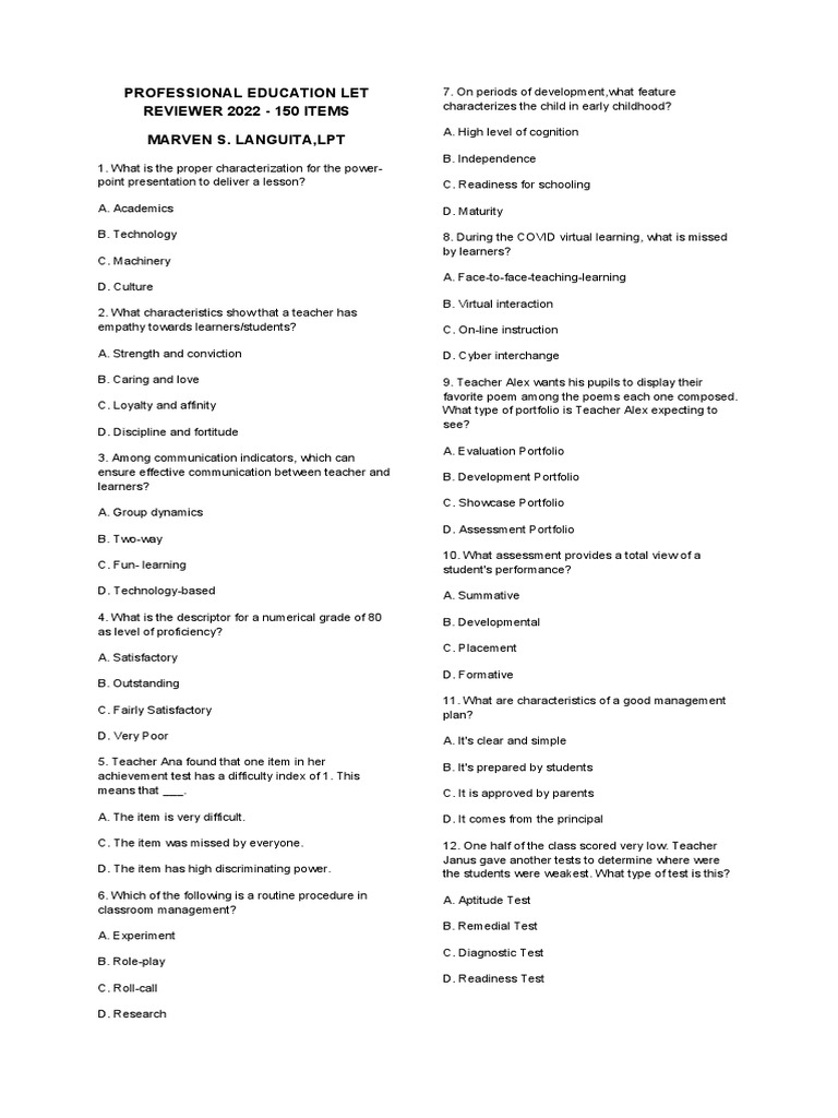 Prof Ed LET Reviewer 2022: 150 Items | PDF | Learning | Teachers