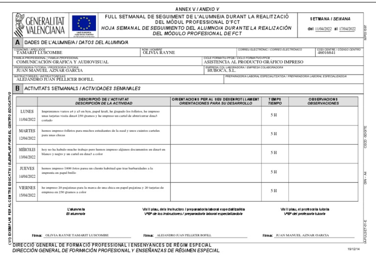 Hoja Semanal de Seguimiento Del Alumno/A Durante La Realización Del Módulo Profesional de FCT | PDF