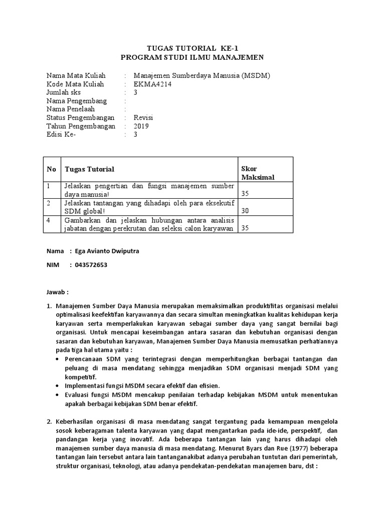 Tugas 1 - EKMA 4214 Manajemen SDM | PDF