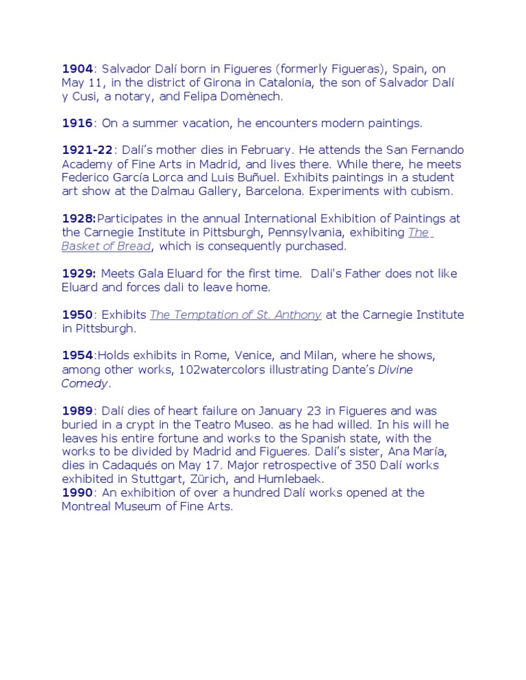 Salvador Dalí: Life and Legacy Timeline | PDF | Art