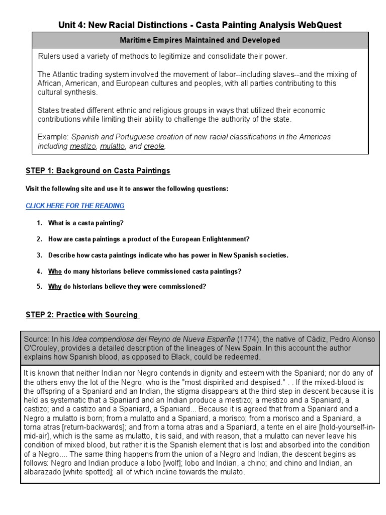Unit 4 - New Racial Distinctions - Casta Painting WebQuest | PDF