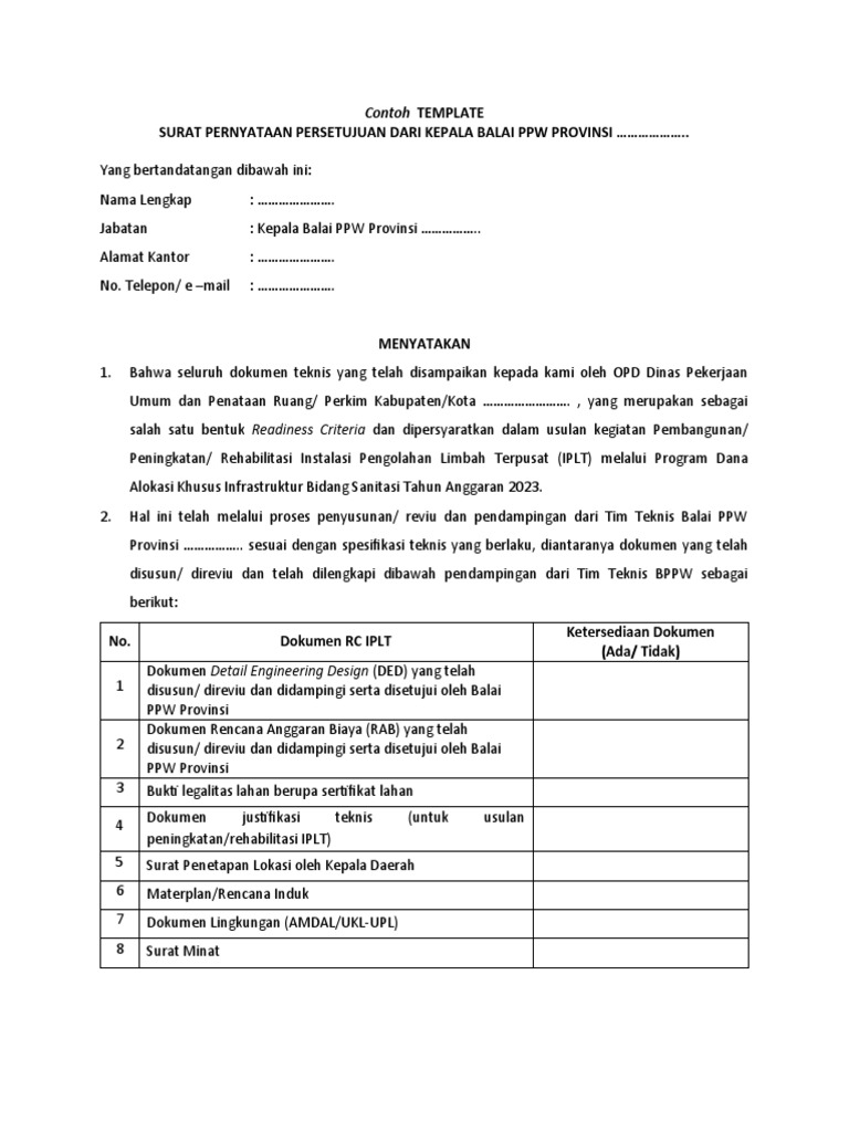 Contoh Template Surat Pernyataan Dari Ka Balai PPW Provinsi Terkait Usulan IPLT | PDF ...