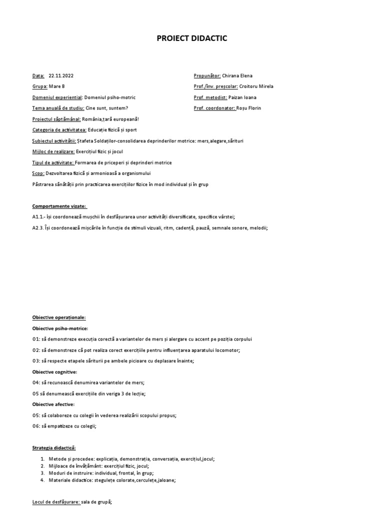 Proiect Didactic Educatie Fizica Initial 22.11.2022 | PDF
