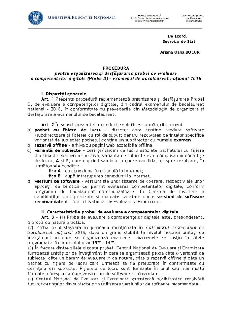 04 Procedura Proba D Bac 2018 | PDF