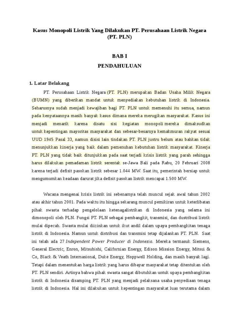 Monopoli Listrik oleh PT. PLN di Indonesia | PDF | Pengelolaan Keuangan & Uang | Ilmu Sosial