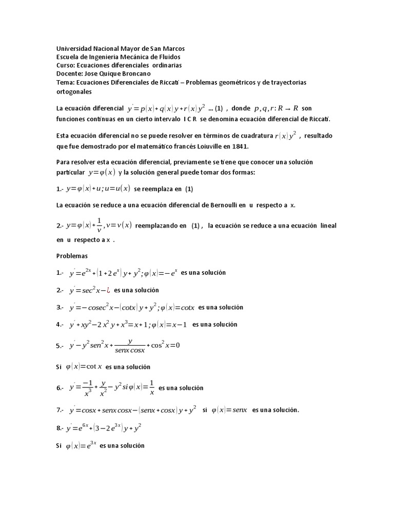 Edo Ecuaciones de Riccati - Trayectorias Ortogonales | PDF | Tangente | Ecuaciones
