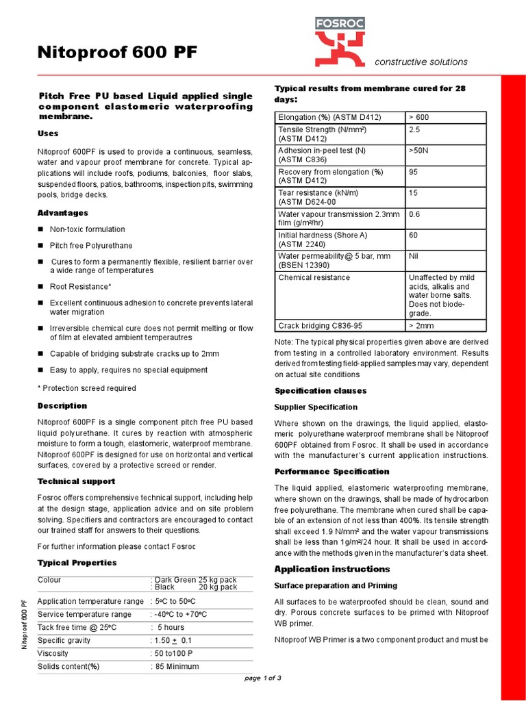 TDS Nitoproof 600PF India11 | PDF | Water | Concrete