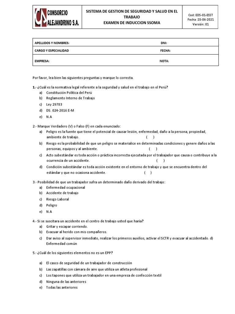 Examen de Induccion SSOMA-CA 2022 | PDF Examen de Induccion SSOMA-CA 2022 | PDF