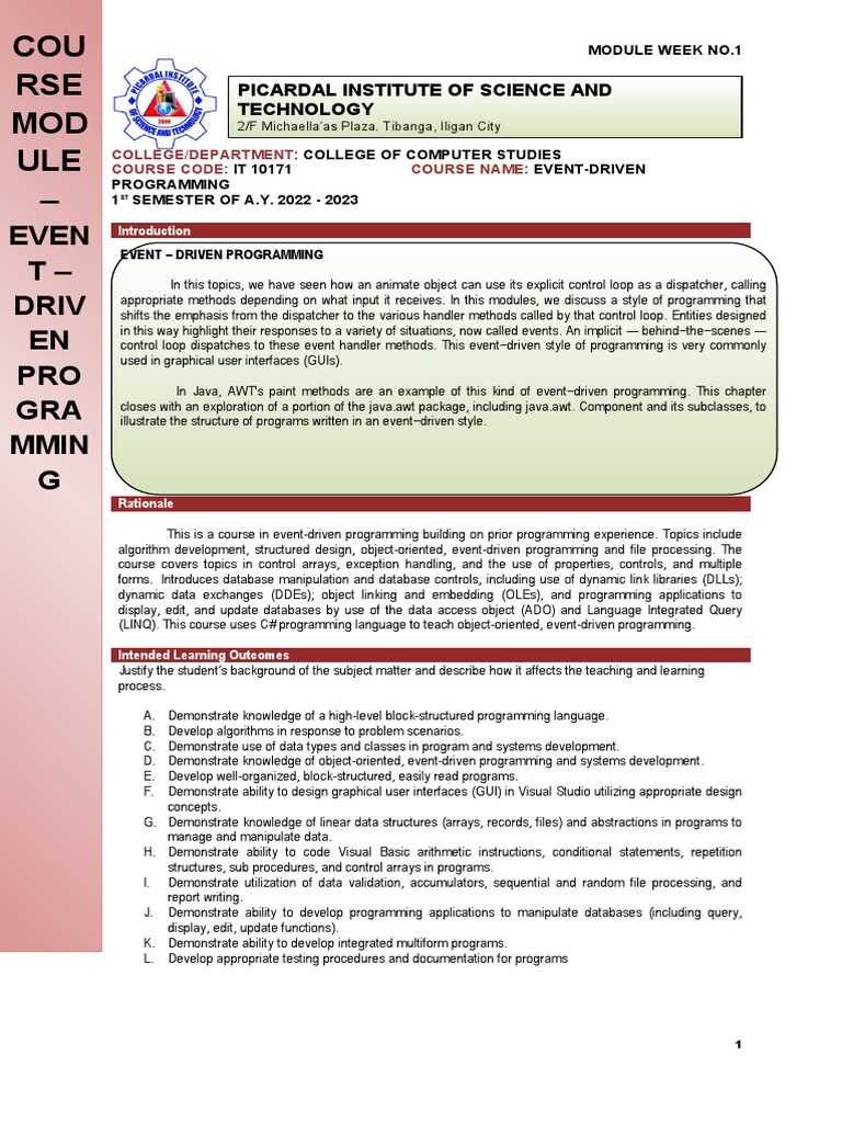 COU RSE MOD ULE - : Even T - Driv EN PRO GRA Mmin G | Download Free PDF | Programming | Computer ...