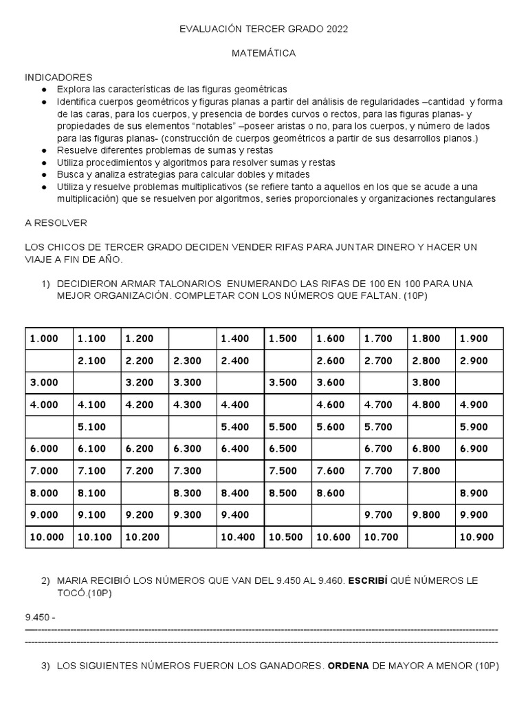 Evaluación de Matemática 3ro | PDF