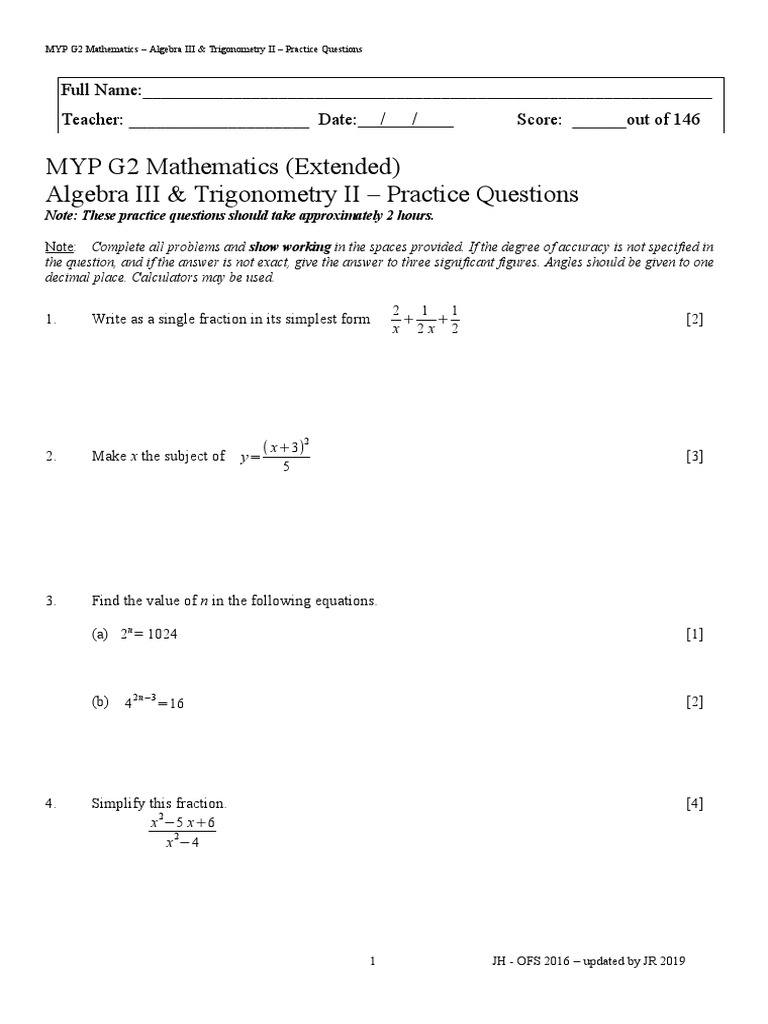 Algebra III & Trigonometry II Quiz | PDF | Trigonometry | Elementary ...