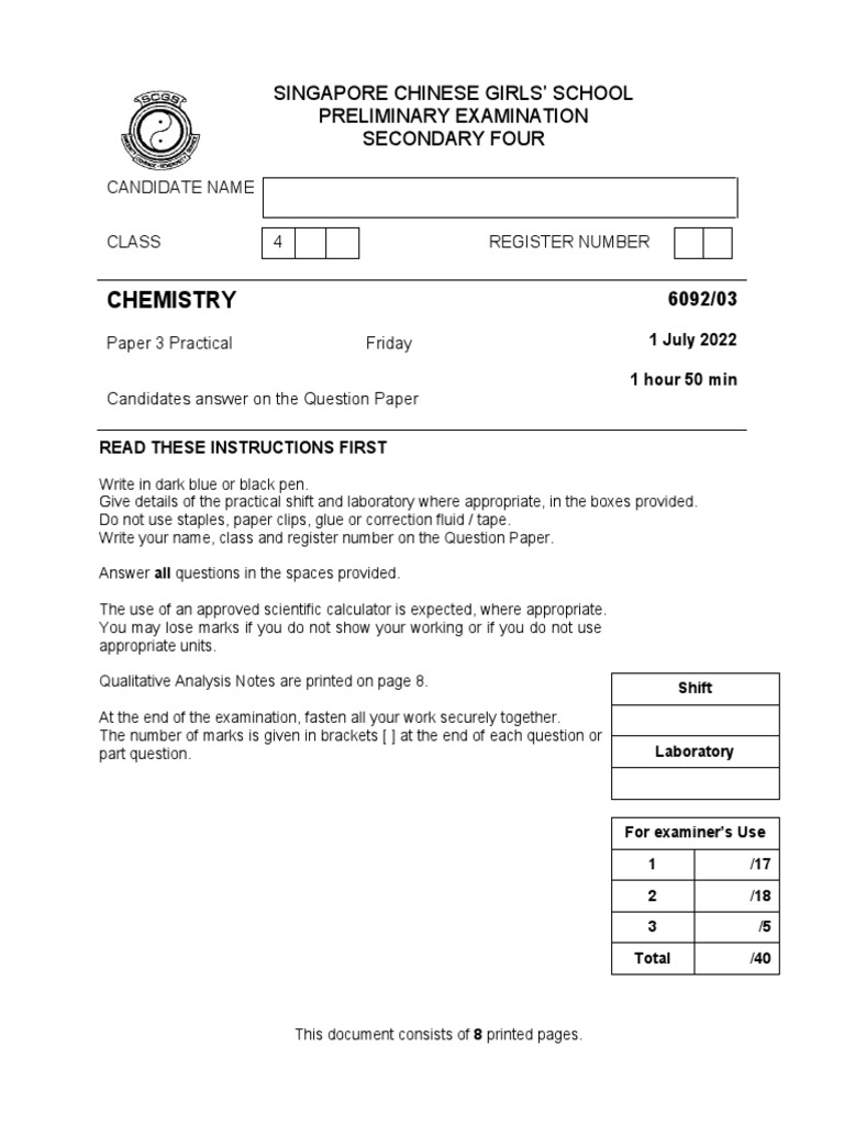 SCGS 2022 Prelim Chemistry P3 QP | PDF | Solubility | Chemistry