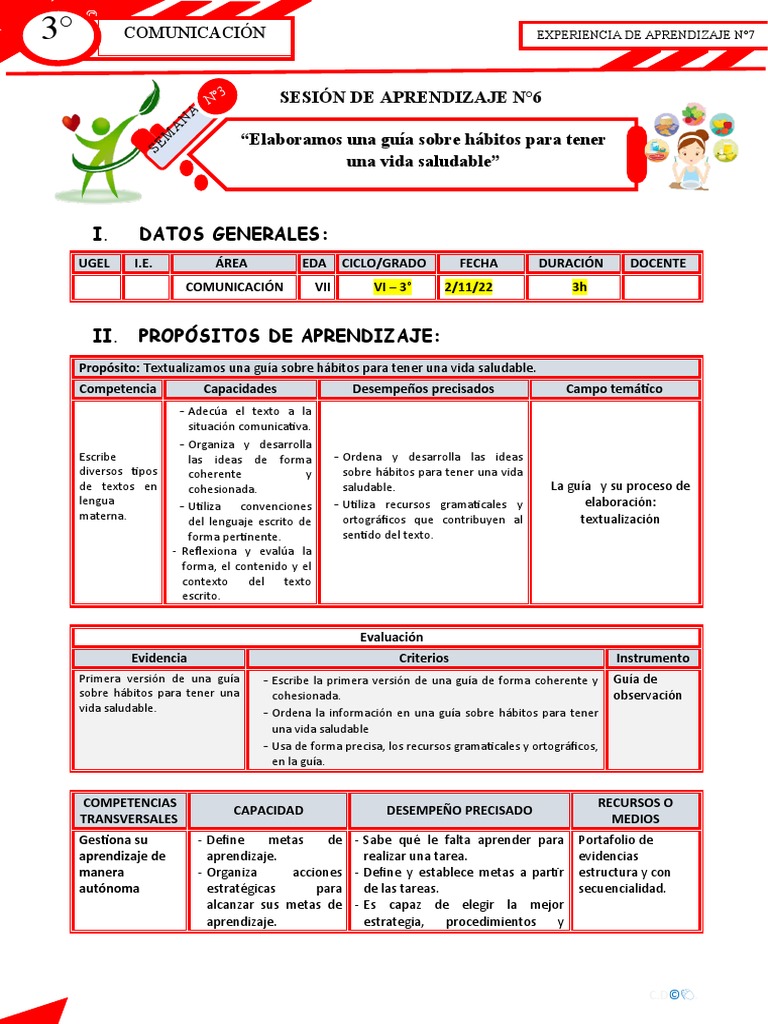 3° Sesión de Aprendizaje Sesión 6 - Sem.3-Exp.7 - Comunicación-1 | PDF | Aprendizaje | Evaluación