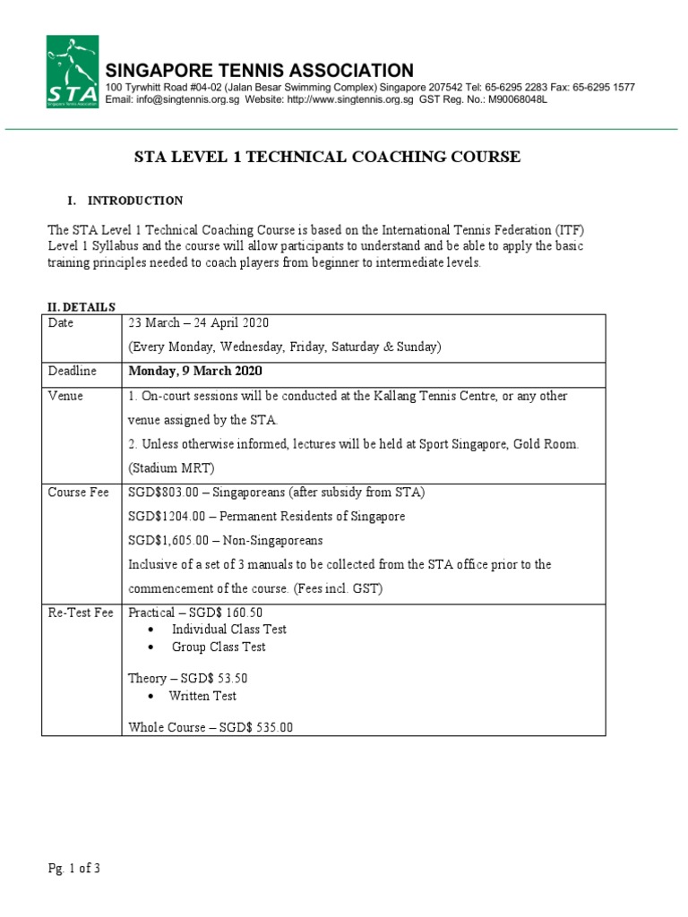 2020 Info Sheet Level 1 Technical Coaching Course | PDF