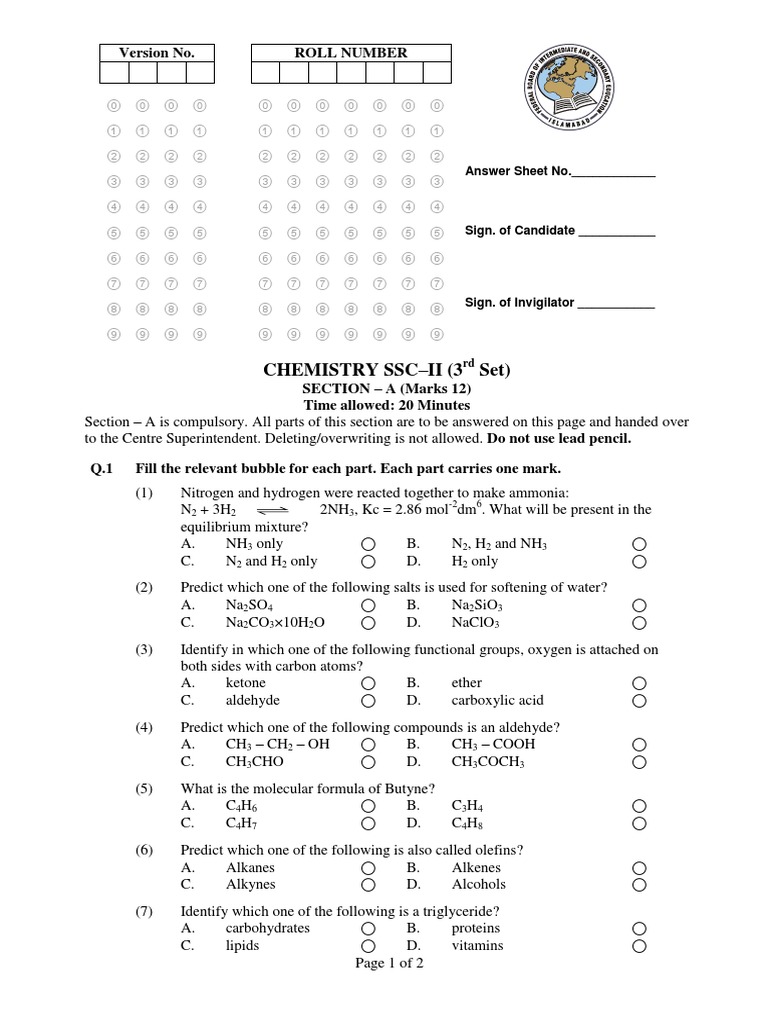 3 Chemistry SSC-II (3rd Set) | PDF | Alkene | Chemical Reactions