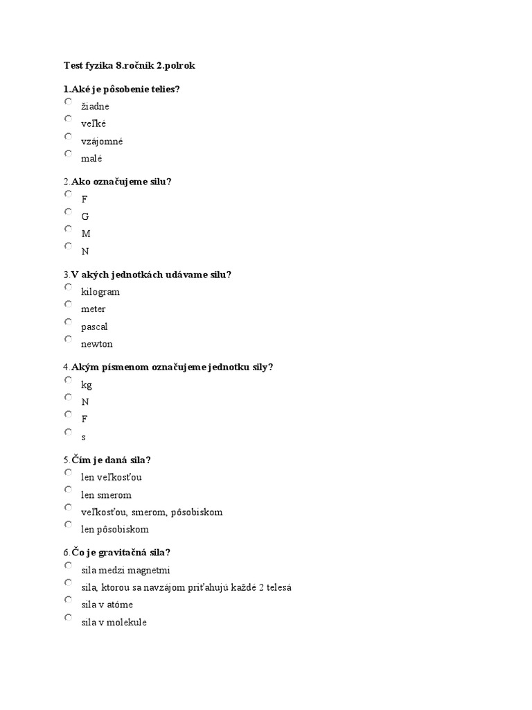 Test Fyzika 8. Roc. 2.polrok | PDF