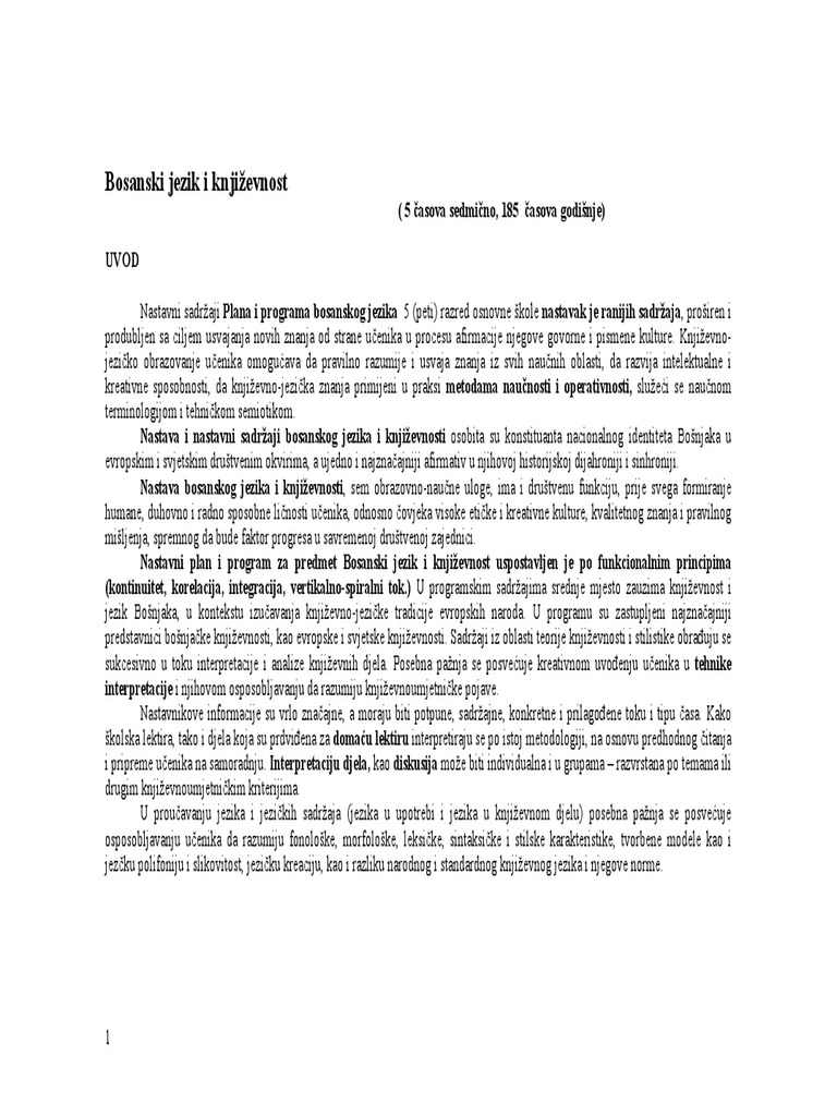 Plan I Program Bosanski Jezik I Knjizevnost Za 5 Razred | PDF