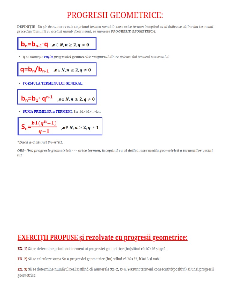 Progresii Geometrice - Formule Si Exemple Rezolvate | PDF