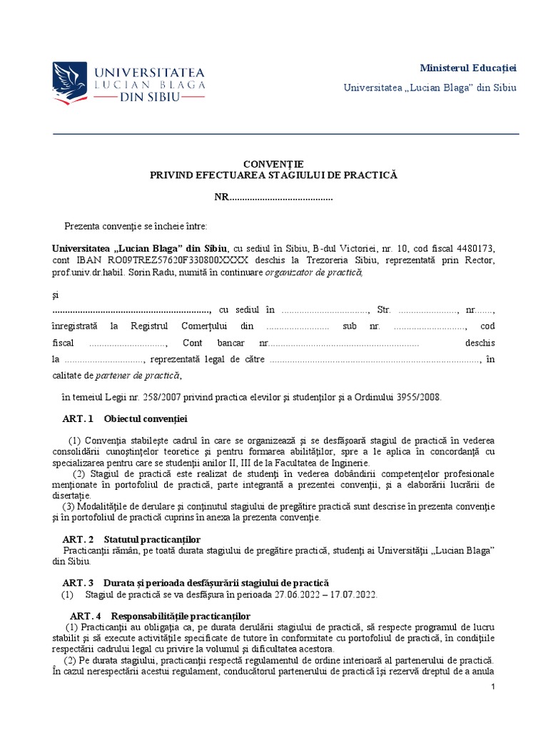 Conventie Pentru Efectuarea Stagiului de Practica - 2021 2022 | PDF