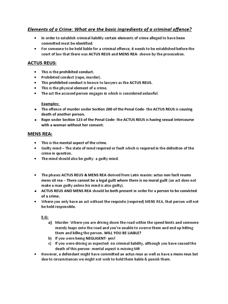 Elements of A Crime - ACTUS REUS NOTES | PDF | Mens Rea | Element ...