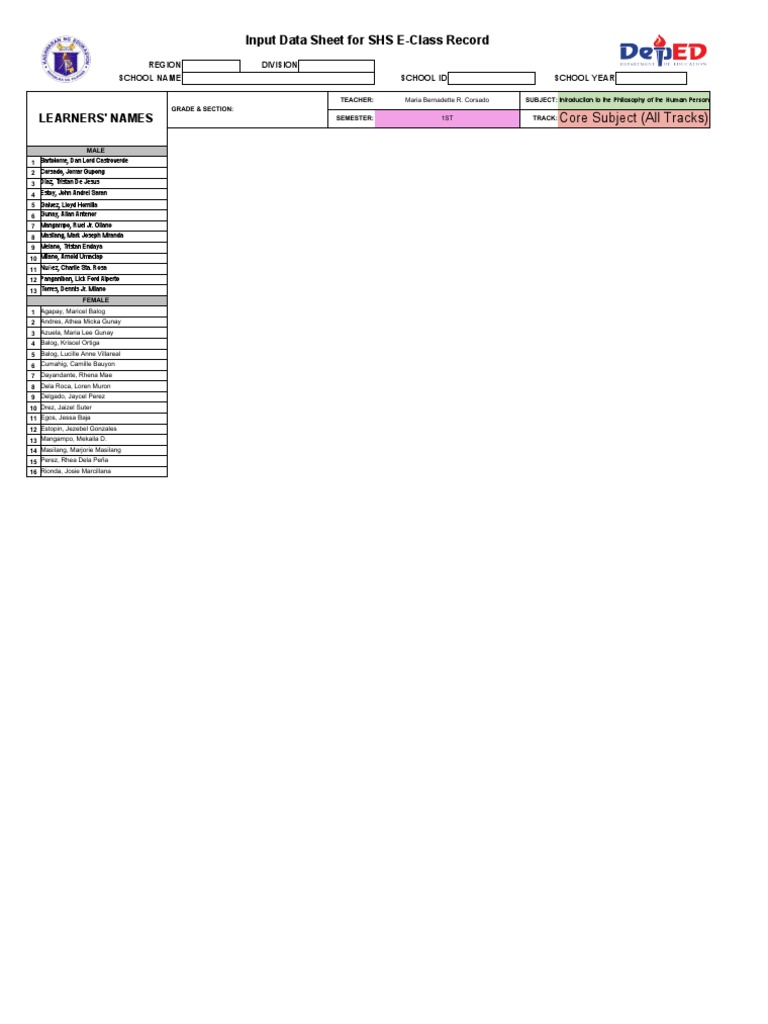 SHS E Class Record Aristotle | PDF