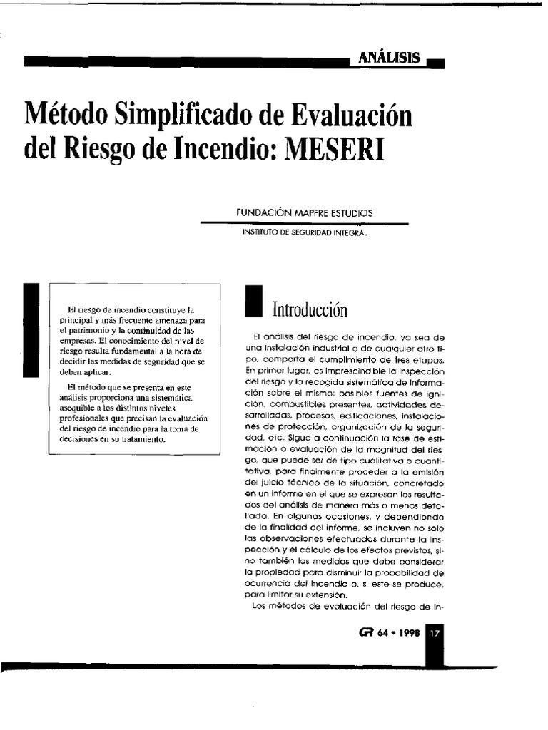 Método MESERI: Evaluación Simplificada de Riesgo de Incendio | PDF | Riesgo
