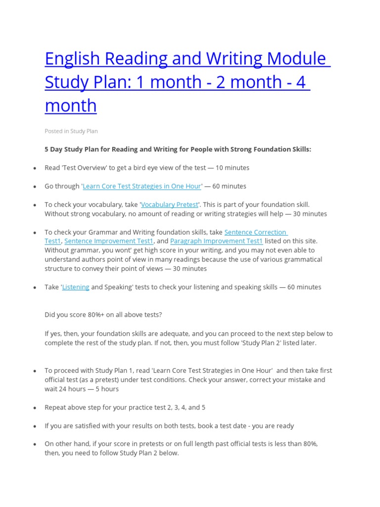 English Reading and Writing Module Study Plan 1 Month - 2 Month - 4 ...