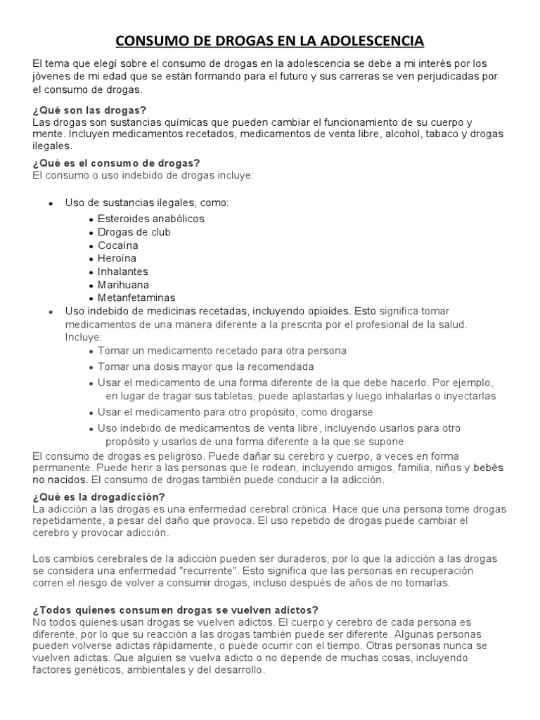 Consumo de Drogas en La Adolescencia | PDF | La dependencia de sustancias | Adolescencia
