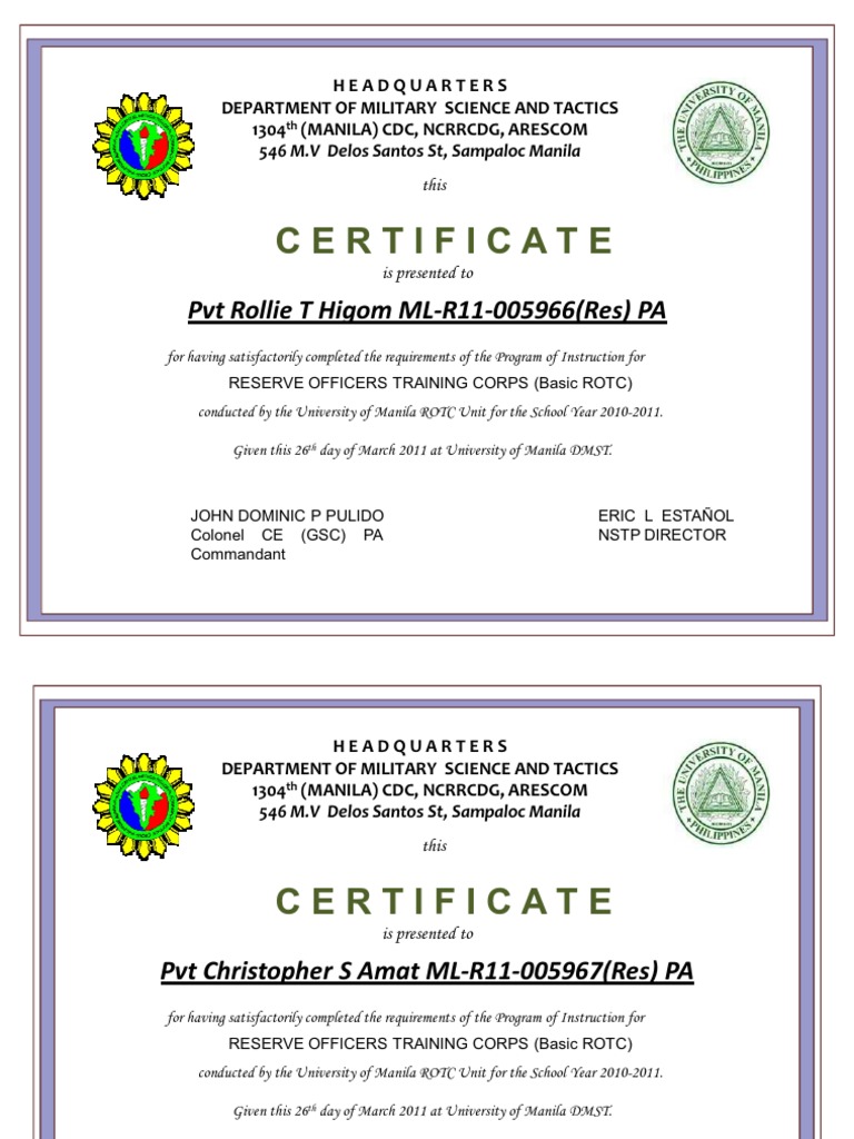 ROTC Certificate Requirements in the Philippines | PDF | Reserve ...