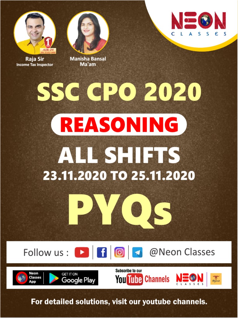 SSC CPO 2020 ALL 06 Sets 300 PYQ Reasoning NEON CLASSES | Download Free ...