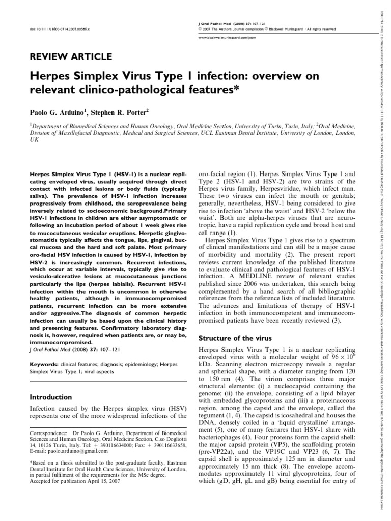 J Oral Pathology Medicine - 2007 - Arduino - Herpes Simplex Virus Type 1 Infection Overview On ...