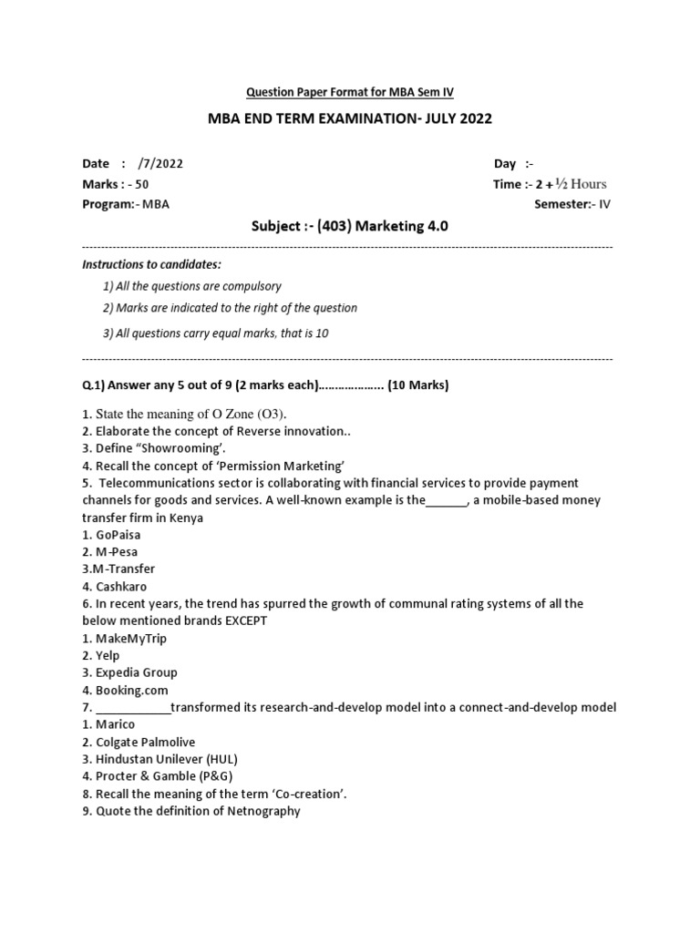 403 Marketing 4.0 Question Paper End Term | PDF