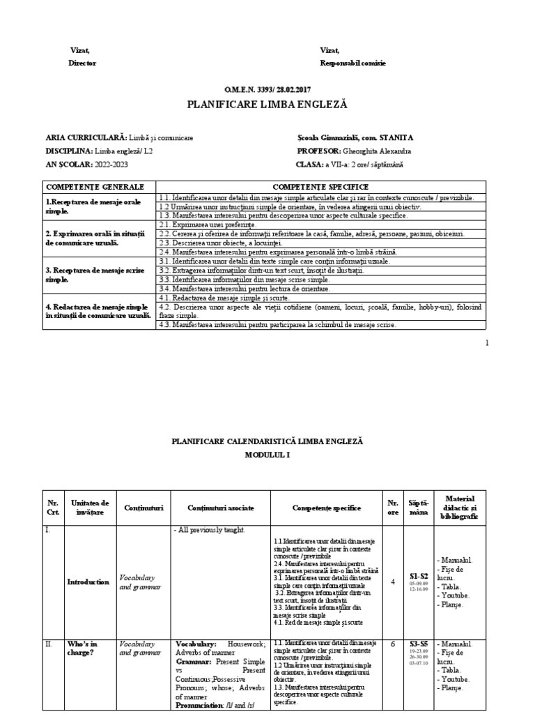 PLANIF CLS 7 L2 Engleza Sitka | PDF