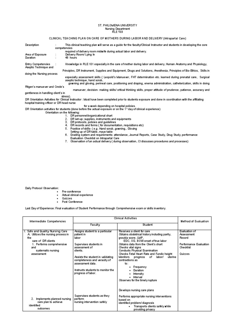 Clinical Teaching Plan for Intrapartal Care | PDF | Childbirth | Nursing