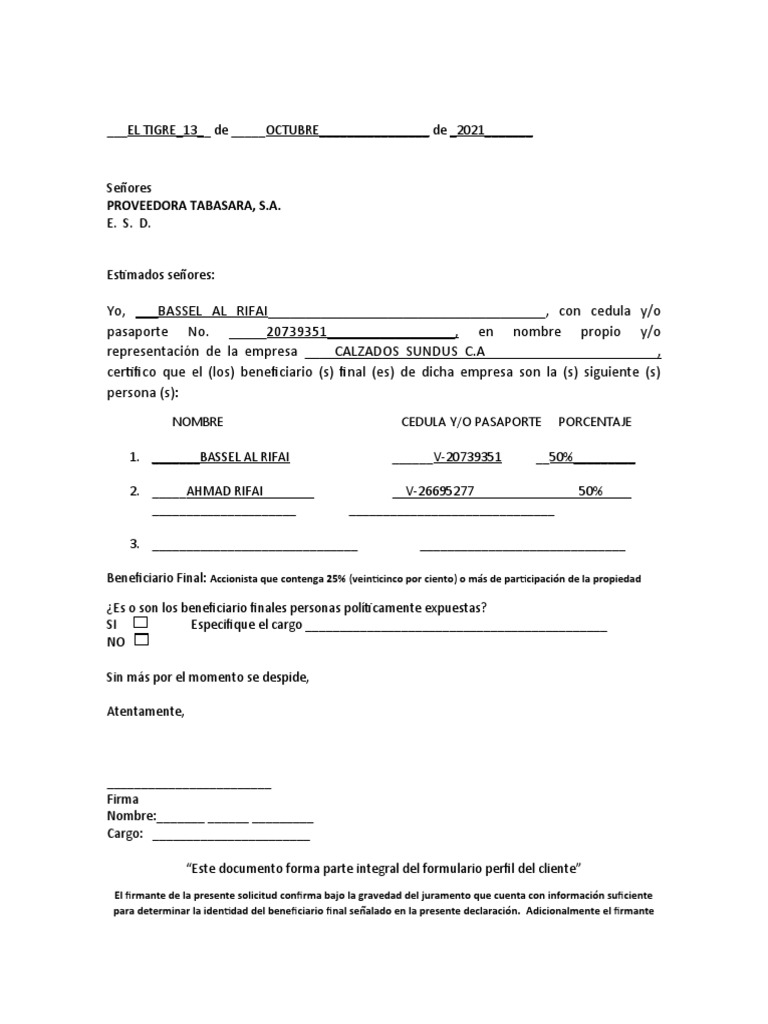 Carta Beneficiario | PDF