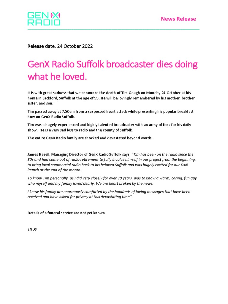 Tim Gough, GenX Radio Suffolk Broadcaster, Dies | PDF | Travel