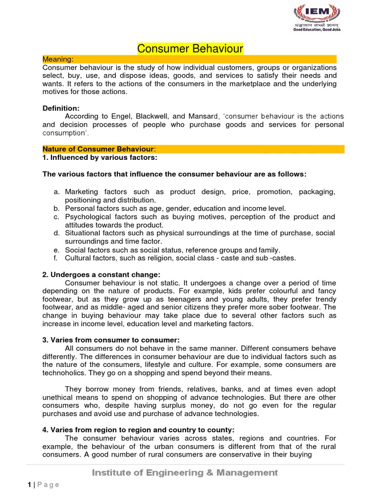 Study Material - Consumer Behaviour | PDF | Consumer Behaviour | Behavior