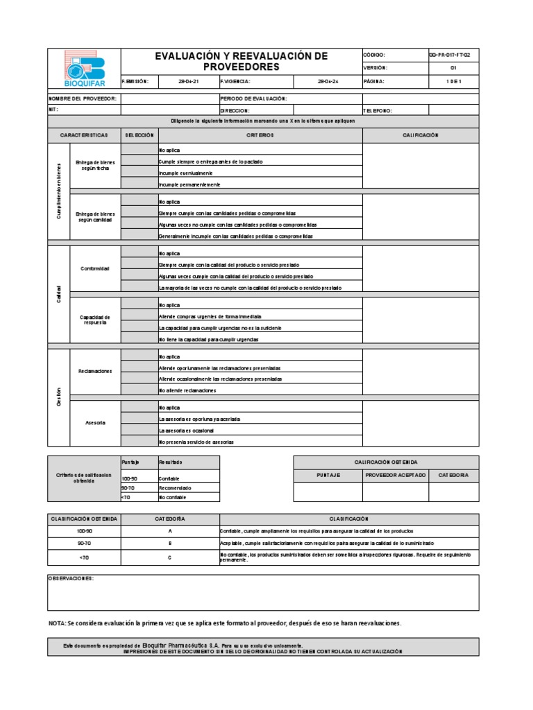 Formato Evalaucion de Proveedores | PDF