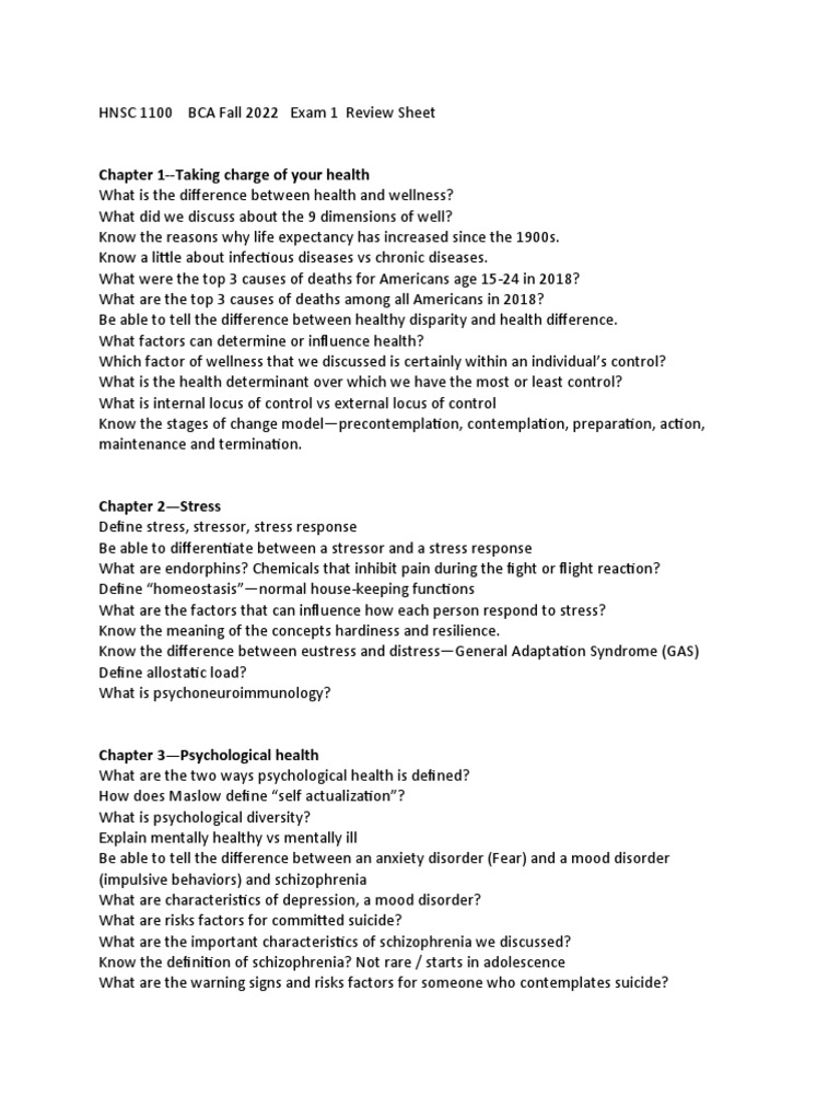HNSC 1100 BCA FALL 2022 Exam 1 Review Sheet | PDF | Stress (Biology ...
