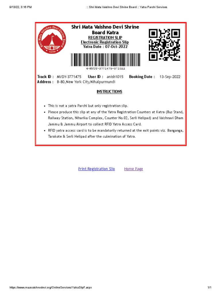 Shri Mata Vaishno Devi Shrine Board - Yatra Parchi Services | PDF