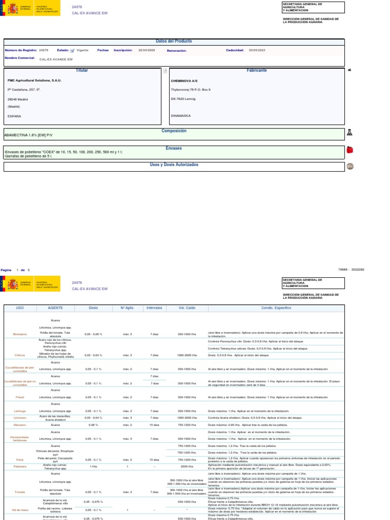 Registro de producto fitosanitario Cal-Ex Avance EW con información ...