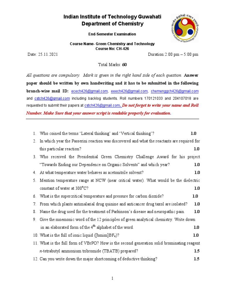 End Sem QP CH426 Final 25th NOv | PDF | Chemical Reactions | Polymerization