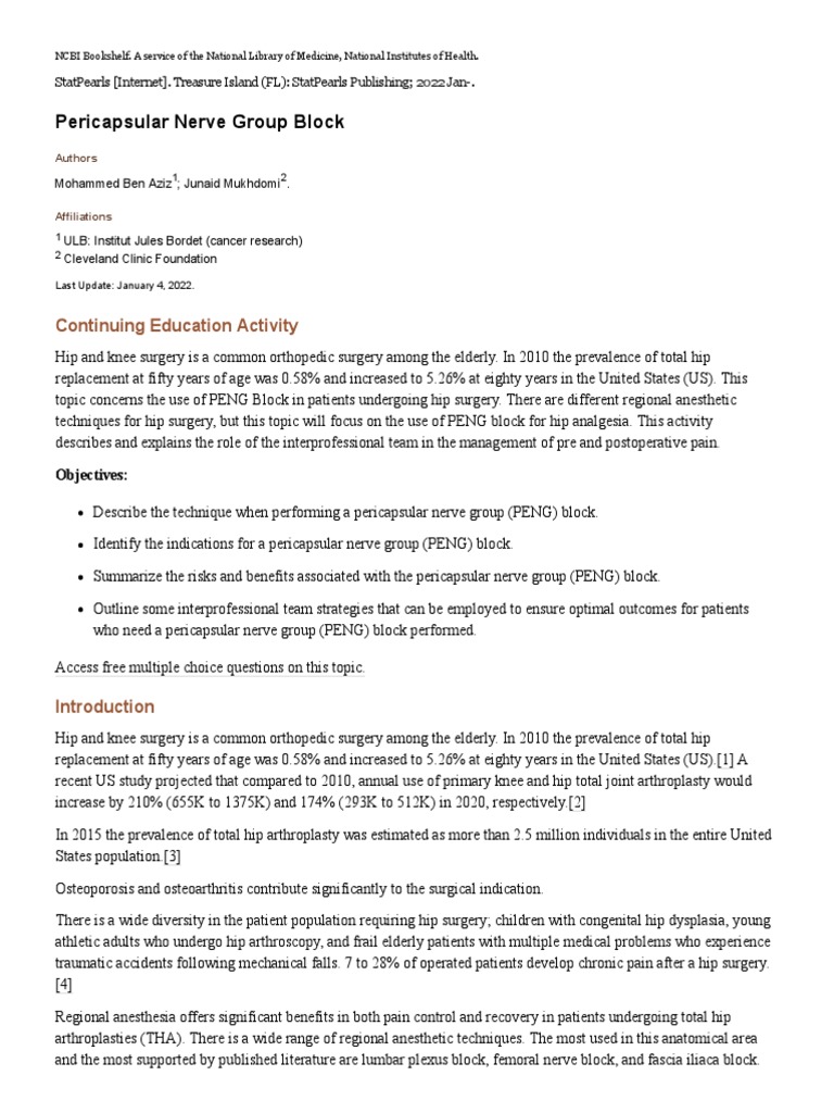 Pericapsular Nerve Group Block Statpearls Ncbi Bookshelf 2022 Pdf