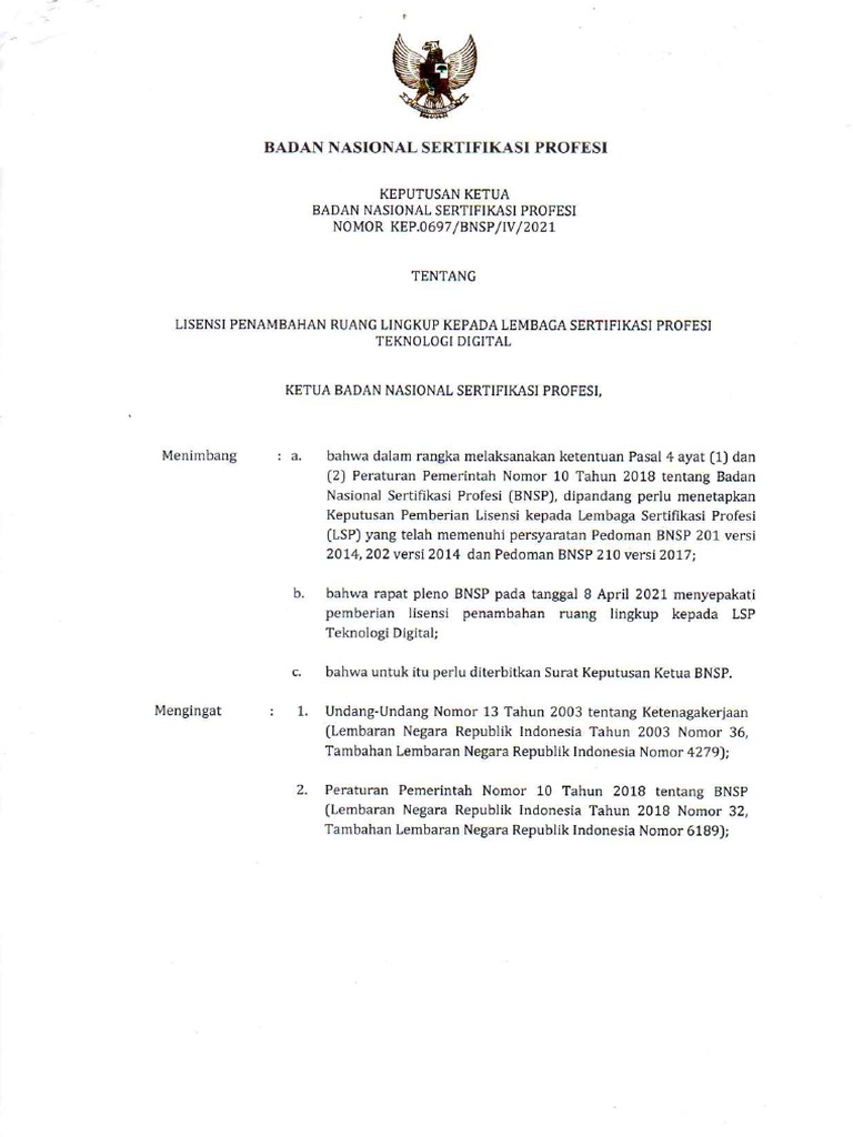 SK Lisensi LSP Teknologi Digital (LSP TD) 2021 | PDF