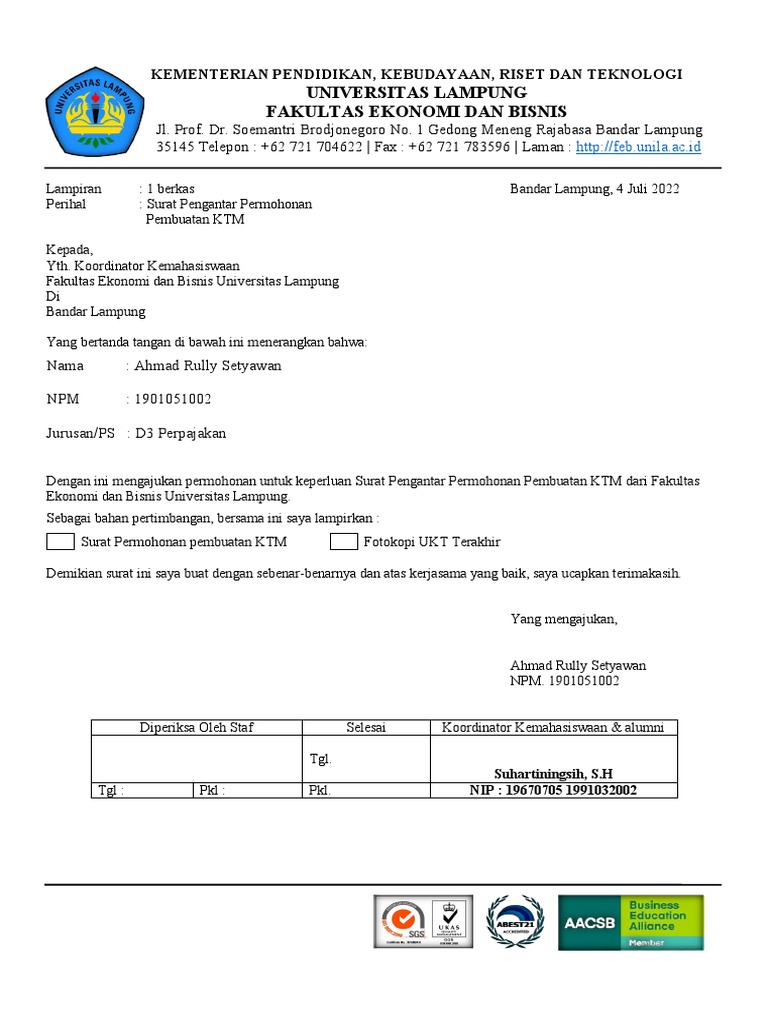 Surat Pengantar Pembuatan KTM | PDF